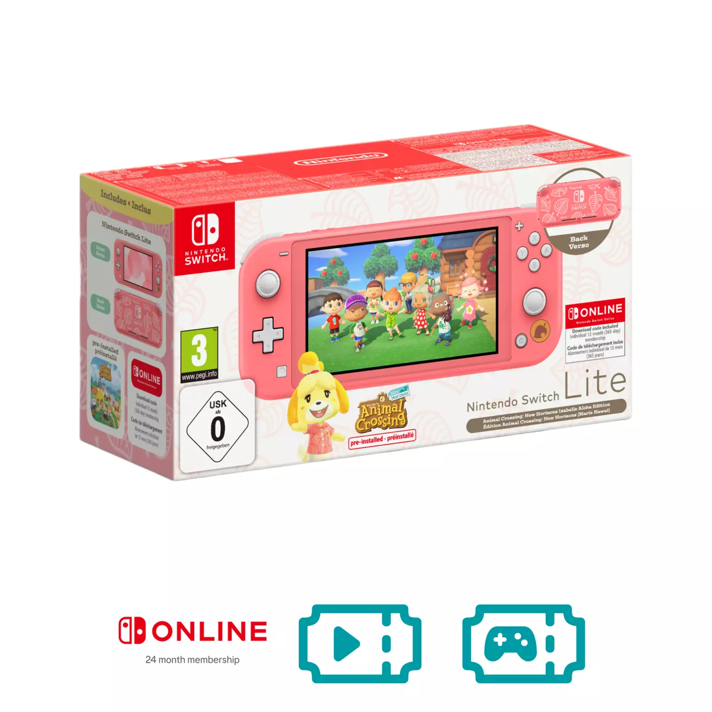 Nintendo Switch Lite Coral 24 month bundle with Animal Crossing Isabelle Aloha Edition and more Coral EE
