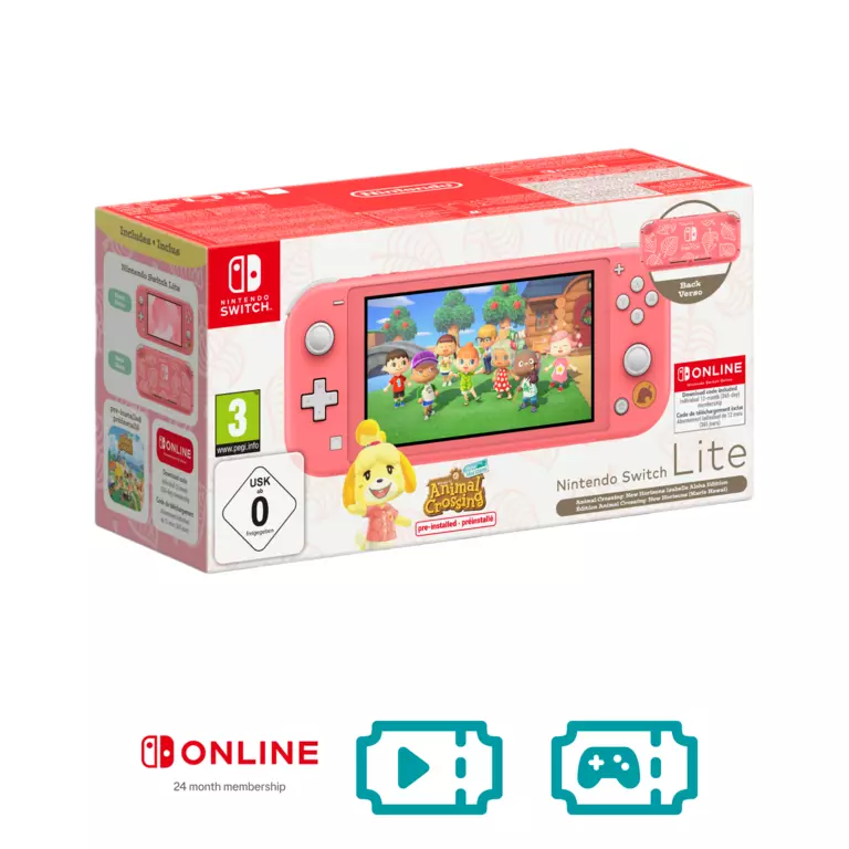 Nintendo Switch Lite Coral 24 month bundle with Animal Crossing Isabelle Aloha Edition and more Coral EE