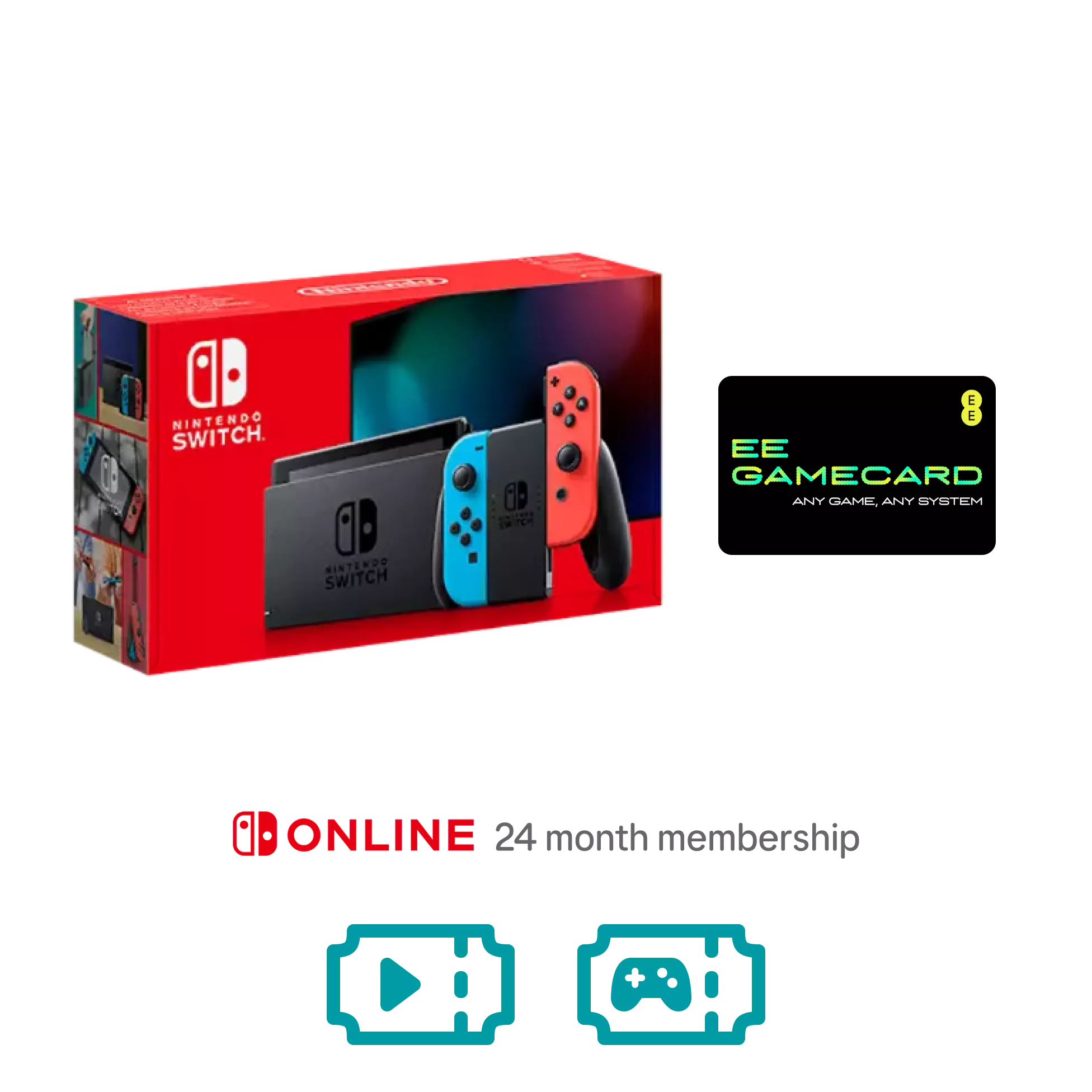 Nintendo Switch 24 month bundle with £50 EE GameCard and more Neon blue ...