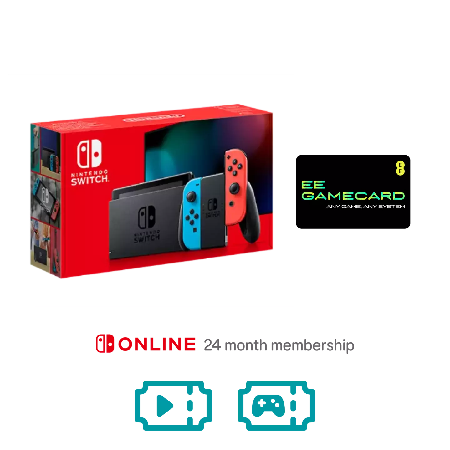 Nintendo Switch 24 month bundle with 50 EE GameCard in Neon Blue Red EE